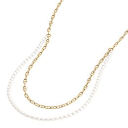 Kette ohne Anh&auml;nger Fossil "Schmuck Geschenk Metall Halskette Layering Heritage", gelbgoldfarben, wei&szlig;, Halsketten, Damen, Metall Nylon Perlen, L: 45,5 B: 3mm, Metall, Nylon, Perlen, mit S&uuml;&szlig;wasserzuchtperle, B:3mm