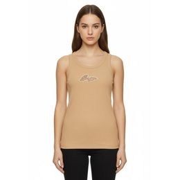 Ripptanktop BOSS Orange "Ematite Stonebadge Premium Damenmode", Damen, Gr. S, rust, copper 222, Feinripp, Obermaterial: 96% Baumwolle, 4% Elasthan, unifarben, slim fit, U-Boot-Ausschnitt, Tops, mit aufgesticktem Logo, glitzernd