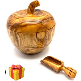 Zuckerdose OLIVENHOLZ-ERLEBEN "Dose wie Apfel aus Olivenholz mit kleinem Salzschippchen", braun, &Oslash;:9cm, Holz, Lebensmittelaufbewahrungsbeh&auml;lter, Zuckerdose, toller Blickfang in au&szlig;ergw&ouml;hnlicher Form und einzigartiger Maserung
