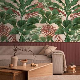 Livingwalls Fototapete LIVING WALLS "Wallpanel Tapete Wandpaneele Motivtapete Dschungel Landhaus", gr&uuml;n (gr&uuml;n,rot,beige), B:1,59m H:0,02m L:2,8m, Vlies, Tapeten, Vliestapete Bl&auml;tter f&uuml;r Schlafzimmer K&uuml;che Wohnzimmer Wandpaneele Flur