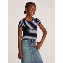 T-Shirt Tommy Hilfiger, M&auml;dchen, Gr. 10 (140), blau (blau, wei&szlig;), Rippware, Obermaterial: 95% Baumwolle, 5% Elasthan, gestreift, normal, Rundhals, Rollkante, Shirts T-Shirt, mit Streifenmuster