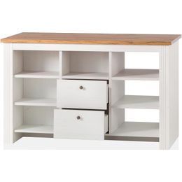 K&uuml;che OTTO HOME "KS-Westminster", wei&szlig; (k&uuml;che: wei&szlig;, korpus: pinie wei&szlig;, arbeitsplatte: eiche wotanfarben), B:366cm T:60cm, Komplettk&uuml;chen-Sets, Breite 366 cm, ohne E-Ger&auml;te