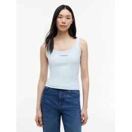 Tr&auml;gertop Tommy Jeans "TJW SLIM SCRIPT RIB TANK", Damen, Gr. L (42/44), kingly blau, Single Jersey, Obermaterial: 95% Baumwolle, 5% Elasthan, unifarben, slim fit normal, Rundhals, Tops Tr&auml;gertop, Baumwollmischung, slim fit, in gerippter Struktur, Logoschriftzug