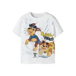 T-Shirt name it "NMMMACAS PAW SS NREG TOP CPLG", Jungen, Gr. 104, hellwei&szlig;, Jersey, Obermaterial: 95% Baumwolle, 5% Elasthan, bedruckt, regular fit normal, Rundhals, Shirts T-Shirt, Baumwollmischung, regular fit