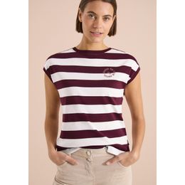 Rundhalsshirt Cecil, Damen, Gr. L (42), sweet grape rot, Web, 100% Baumwolle, gestreift, normal normal, U-Boot-Ausschnitt, abgesteppt, Shirts Rundhalsshirt, aus reiner Baumwolle