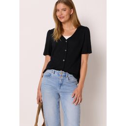 V-Shirt STREET ONE STUDIO, Damen, Gr. 34, schwarz, Stoff, 50% Baumwolle, 50% Modal, unifarben, normal normal, V-Ausschnitt, abgesteppt, Shirts, mit V-Ausschnitt