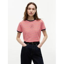 Kurzarmshirt Tommy Hilfiger "TH ROUNDAL REG C-NK SS TEE", Damen, Gr. S (36/38), breton fire rot, ecru stp, Single Jersey, Obermaterial: 65% Lyocell, 32% Baumwolle, 3% Elasthan, gemustert, gestreift, mehrfarbig, regular fit normal, Rundhals, eingesetzt angesetztes B&uuml;ndchen, Shirts, mit kontrastfarbenen B&uuml;ndchen