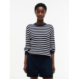 Rundhalspullover Tommy Hilfiger "CO CABLE C-NK LS SWEATER", Damen, Gr. L (42/44), breton stp schwarz n navy, ivory petal, Strick, Obermaterial: 100% Baumwolle, gestreift, regular fit normal, Rundhals, Rippstrickb&uuml;ndchen, Pullover Rundhalspullover, Baumwolle, mit Zopfmuster, Regular Fit