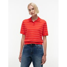 Polokragenpullover Tommy Hilfiger "JERSEY STITCH MINI POLO", Damen, Gr. L (42/44), fire rot, ivory petal stp, Strick, Obermaterial: 67% Baumwolle, 33% Polyamid, gestreift, normal, Rundhals, Pullover, Baumwollmischung, Polokragen, Kurzarm