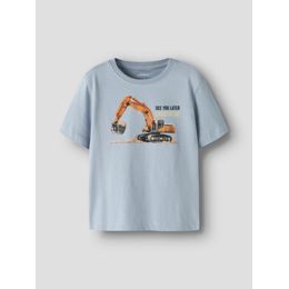Kurzarmshirt name it "NMMVOTO SS NREG TOP", Jungen, Gr. 104, blau fog print:excavator, Jersey, Obermaterial: 100% Baumwolle, bedruckt, normal normal, Rundhals, Shirts, Baumwolle, regular fit