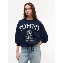 Sweatshirt Tommy Hilfiger "VARSITY CREST MDRN SWEATSHIRT", Damen, Gr. L (42/44), schwarz night navy, Sweatware, Obermaterial: 100% Baumwolle, bedruckt, regular fit normal, Rundhals, eingesetzt Rippb&uuml;ndchen, Sweatshirts Sweatshirt, Baumwolle, Logo Frontdruck