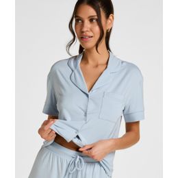 Hunkem&ouml;ller Pyjama HUNKEM&Ouml;LLER "Kurz&auml;rmelige Jersey-Jacke Essential", Damen, Gr. L, blau, 92% Viskose, 8% Elasthan, Homewear-Sets Pyjama