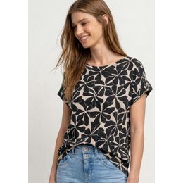 T-Shirt Street One, Damen, Gr. 34, schwarz, Stoff, 50% Modal, 50% Baumwolle, gestreift, normal normal, Rundhals, abgesteppt, Shirts T-Shirt, im soften Baumwoll-Mix