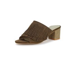 Pantolette FINDLAY "CUPA", Damen, Gr. 38, espresso, Polyurethane, Schuhe Pantolette, mit Fransen und Blockabsatz