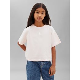 T-Shirt Calvin Klein Jeans, M&auml;dchen, Gr. 10 (140), mangano calcite, Single Jersey, Obermaterial: 100% Baumwolle, unifarben, bequem normal, Rundhals, abgesteppte Kante, Shirts T-Shirt, Rundhalsausschnitt, bequeme Passform, reine Baumwolle