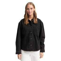 Jeansjacke Tom Tailor Denim, Damen, Gr. XL, schwarz stone wash denim, Denim/Jeans, Obermaterial: 100% Baumwolle, unifarben, regular fit normal, Manschette, Jacken Jeansjacke, mit Strasssteinen