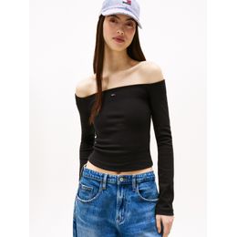 Langarmshirt Tommy Jeans "TJW SLIM ESSENTIAL BOAT NECK LS", Damen, Gr. XL (42), schwarz, Single Jersey, Obermaterial: 95% Baumwolle, 5% Elasthan, unifarben, figurbetont, Shirts Langarmshirt
