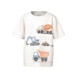 T-Shirt name it "NMMJAVOL SS NREG TOP", Jungen, Gr. 98, wei&szlig; (hellwei&szlig;), Jersey, Obermaterial: 95% Baumwolle, 5% Elasthan, bedruckt, regular fit normal, Rundhals, Shirts T-Shirt, Baumwollmischung, regular fit