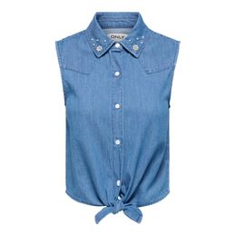 Jeansbluse Only "ONLBRIAR S/L PEARL KNOT SHIRT DNM QYT", Damen, Gr. L, medium blau denim, Denim/Jeans, Obermaterial: 100% Baumwolle, unifarben, normal, Blusen Jeansbluse, Baumwolle