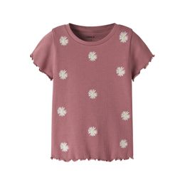 T-Shirt name it "NMFJOLEMO SS SLIM TOP BOX", M&auml;dchen, Gr. 104, mesa rose, Jersey, Obermaterial: 95% Baumwolle, 5% Elasthan, bestickt, slim fit normal, Rundhals, gewellter Abschluss, Shirts T-Shirt, Baumwollmischung, slim fit