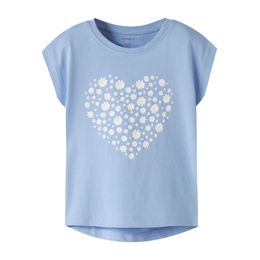 T-Shirt name it "NMFVIGEA CAPSL TOP", M&auml;dchen, Gr. 104, serenity print:flower heart, Jersey, Obermaterial: 100% Baumwolle, bedruckt, normal normal, Rundhals, angeschnitten, Shirts T-Shirt, Baumwolle, regular fit