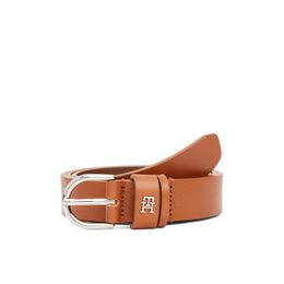 Lederg&uuml;rtel Tommy Hilfiger "ESSENTIAL EFFORTLESS 2.5 cm breit SILVER", Damen, Gr. 100, braun (cognac), Rindsleder, unifarben, G&uuml;rtel Lederg&uuml;rtel, Einfachdornschlie&szlig;e, Metallemblem