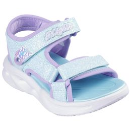 Sandale Skechers "SOLA GLOW SANDAL", M&auml;dchen, Gr. 30, bunt (hellblau, lavendel), Lederimitat, Textil, Glitzer, kontrastfarbene Details, Schuhe Sandale, Sommerschuh mit Klettverschluss, Gr&ouml;&szlig;enschablone zum Download