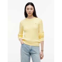 Rundhalspullover Tommy Hilfiger "CO CABLE C-NK LS SWEATER", Damen, Gr. L (42/44), citronella, Strick, Obermaterial: 100% Baumwolle, unifarben, regular fit normal, Rundhals, Rippstrickb&uuml;ndchen, Pullover Rundhalspullover, Baumwolle, mit Zopfmuster, Regular Fit