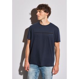 T-Shirt Street One MEN, Herren, Gr. L (42), blau (bold blau), Web, 100% Baumwolle, bedruckt, gerade normal, Rundhals, B&uuml;ndchen, Shirts T-Shirt, aus reiner Baumwolle