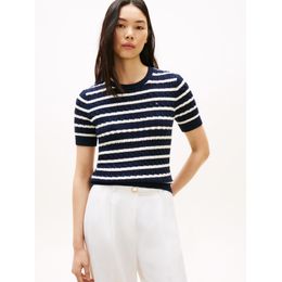 Kurzarmpullover Tommy Hilfiger "CO CABLE MID GG SS C-NK SWT", Damen, Gr. L (42/44), schwarz night navy, ivory petal stp, Strick, Obermaterial: 100% Baumwolle, gestreift, normal, Rundhals, Pullover, Baumwolle, mit Zopfmuster