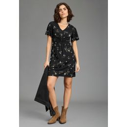 Sommerkleid Laura Scott, Damen, Gr. 34, N-Gr, schwarz, gebl&uuml;mt, Jersey, Obermaterial: 95% Viskose, 5% Elasthan, gebl&uuml;mt, figurbetont mini, V-Ausschnitt, Fl&uuml;gel&auml;rmel, Kleider Sommerkleid, mit betonter Taille, Kurzarm, gebl&uuml;mt