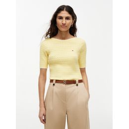 Kurzarmpullover Tommy Hilfiger "FINE GG CABLE BOAT NK S/S", Damen, Gr. L (42/44), citronella, Strick, Obermaterial: 100% Baumwolle, unifarben mit Farbeinsatz, regular fit normal, U-Boot-Ausschnitt, eingesetzt gerader Abschluss, Pullover, Baumwolle, mit Zopfstrickmuster