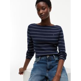 Strickpullover Tommy Hilfiger "FULL NEEDLE BOAT-NK LS SWT", Damen, Gr. L (42/44), schwarz night navy, ivory pet stp, Strick, Obermaterial: 67% Baumwolle, 33% Polyamid, gestreift, normal, U-Boot-Ausschnitt, Pullover Strickpullover, Baumwollmischung