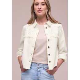 Jeansjacke Street One, Damen, Gr. 44, ecru washed, Denim/Jeans, Obermaterial: 98% Baumwolle, 2% Elasthan, unifarben, normal h&uuml;ftbedeckend, Rundhals, 1-Knopf-Manschette mit Kn&ouml;pfen, Jacken Jeansjacke, mit Knopfleiste und Stickerei
