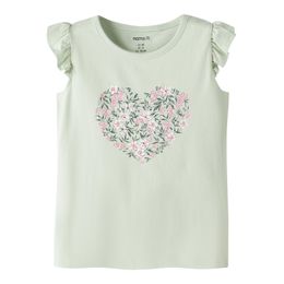 T-Shirt name it "NMFVAYANA CAPSL TOP", M&auml;dchen, Gr. 104, pale aqua print:pink flowers, Jersey, Obermaterial: 95% Baumwolle, 5% Elasthan, bedruckt, regular fit normal, Rundhals, Shirts T-Shirt, Baumwollmischung, regular fit