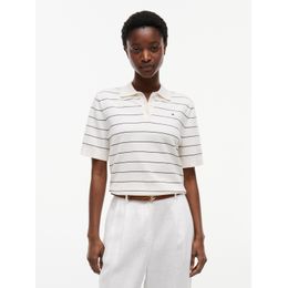 Polokragenpullover Tommy Hilfiger "JERSEY STITCH MINI POLO", Damen, Gr. L (42/44), ivory petal, schwarz n navy stp, Strick, Obermaterial: 67% Baumwolle, 33% Polyamid, gestreift, normal, Rundhals, Pullover, Baumwollmischung, Polokragen, Kurzarm
