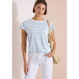 Blusenshirt Cecil, Damen, Gr. L (42), light sky blau, Web, 50% Baumwolle, 50% Modal, gestreift, regular fit normal, U-Boot-Ausschnitt, abgesteppt, Shirts Blusenshirt, im soften Baumwoll-Mix