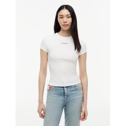 Kurzarmshirt Tommy Jeans "TJW SLIM SCRIPT RIB SS TEE", Damen, Gr. L (42/44), ecru, Single Jersey, Obermaterial: 95% Baumwolle, 5% Elasthan, unifarben, slim fit normal, Rundhals, Shirts, Baumwollmischung, slim fit, in gerippter Struktur