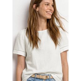 Shirtbluse Street One, Damen, Gr. 46, sanftes wei&szlig;, Web, 100% Baumwolle, unifarben, klassisch normal, Rundhals, B&uuml;ndchen, Blusen, mit Rundhalsausschnitt