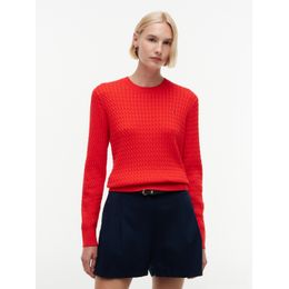 Rundhalspullover Tommy Hilfiger "CO CABLE C-NK LS SWEATER", Damen, Gr. L (42/44), fire rot, Strick, Obermaterial: 100% Baumwolle, unifarben, regular fit normal, Rundhals, Rippstrickb&uuml;ndchen, Pullover Rundhalspullover, Baumwolle, mit Zopfmuster, Regular Fit