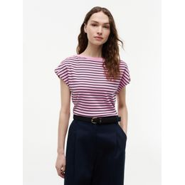 Kurzarmshirt Tommy Hilfiger "GOLD BTN CAP-SLV BOAT-NK TEE", Damen, Gr. L (42/44), breton stp rose petal, schwarz night, Single Jersey, Obermaterial: 100% Baumwolle, gestreift, regular fit normal, U-Boot-Ausschnitt, eingesetzt gerader Abschluss, Shirts, Baumwolle, mit goldfarbenen Kn&ouml;pfen