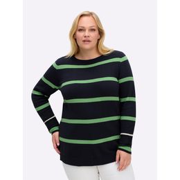 Rundhalspullover sheego "Pullover", Damen, Gr. 40/42, blau (tiefblau, apfel, geringelt), 100% Baumwolle, gemustert, gestreift, mehrfarbig, Pullover Rundhalspullover