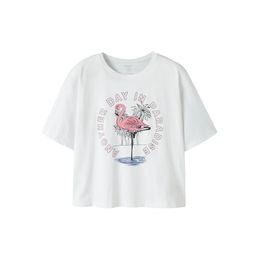 T-Shirt name it "NKFVEEN SS RLX TOP", Jungen, Gr. 122/128, wei&szlig; (hellwei&szlig; print:flamingo), Jersey, Obermaterial: 100% Baumwolle, bedruckt, bequem normal, Rundhals, Shirts T-Shirt, Baumwolle, locker geschnitten
