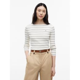 Strickpullover Tommy Hilfiger "FULL NEEDLE BOAT-NK LS SWT", Damen, Gr. L (42/44), ivory petal, schwarz n navy stp, Strick, Obermaterial: 67% Baumwolle, 33% Polyamid, gestreift, normal, U-Boot-Ausschnitt, Pullover Strickpullover, Baumwollmischung
