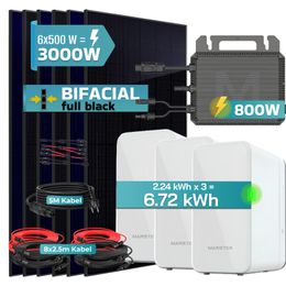 SUNNIVA&reg; 3000W Balkonkraftwerk mit 6,72 kWh Speicher MARSTEK 3x B2500-D, BIFAZIAL FULLBLACK komplett Steckdose, PV Solaranlage Komplettset mit Solarspeicher, 6x 500W N-Type Glas Bifacial Module