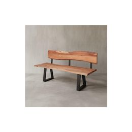 KADIMA DESIGN Esszimmerbank Landhaus-Stil: Baumkantenverzierung, Akazienholz, 160x83,5x60 cm, schwarzes Eisen-Gestell.