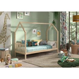 Vipack CABANE Hausbett 90x200 cm und seitlicher Umrandung, Kiefer massiv natur