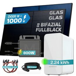 SUNNIVA&reg; 1000W Balkonkraftwerk mit 2,24 kWh Speicher MARSTEK B2500-D, BIFAZIAL FULLBLACK komplett Steckdose, PV Solaranlage Komplettset mit Solarspeicher, 2x 500W N-Type Glas Bifacial Module