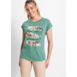 T-Shirt bonprix "T-Shirt mit Glitzerdruck", Damen, Gr. 36/38 (S), gr&uuml;n (salbeigr&uuml;n bedruckt), Obermaterial: 65% Polyester, 35% Viskose, schmal, Shirts T-Shirt, schmale Passform, Kurzarm, mit Glitzerdruck