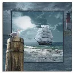 Leinwandbild Artland "Maritime Collage mit Segelschiff", blau (farbe bild(er): blau), B:70cm H:70cm, Bilder, Leinwandbild, auf Holzrahmen gespannt